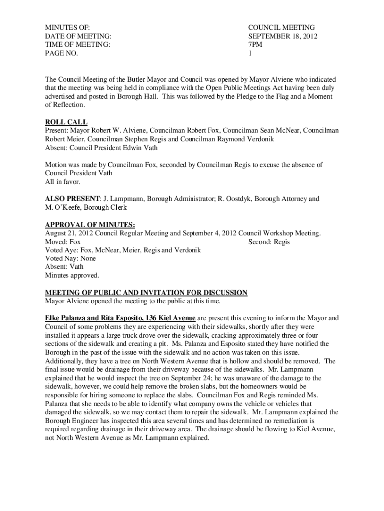 Fillable Online Alviene, Councilman Robert Fox, Councilman Sean McNear ...