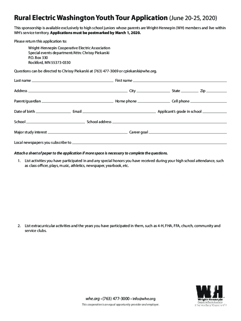 Fillable Online Rural Electric Washington Youth Tour Application (June 18-25 ... Fax Email Print ...
