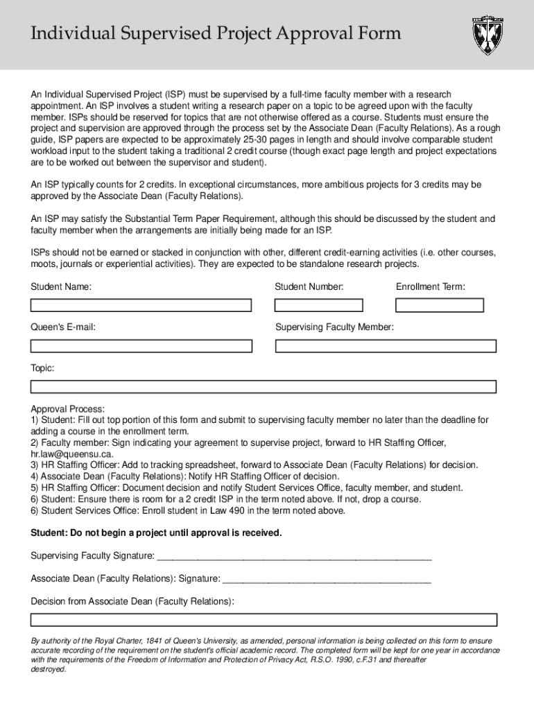Fillable Online Individual Supervised Project Approval Form - Queen's Law Fax Email Print ...