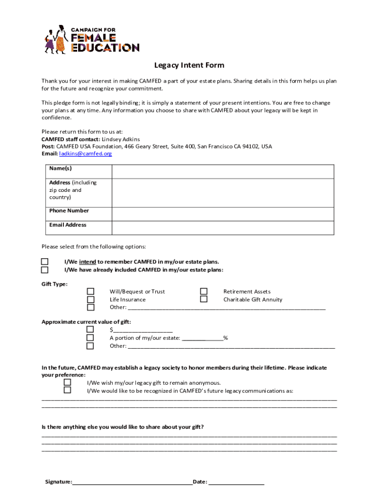Fillable Online Legacy Intent Form CAMFED Fax Email Print - pdfFiller