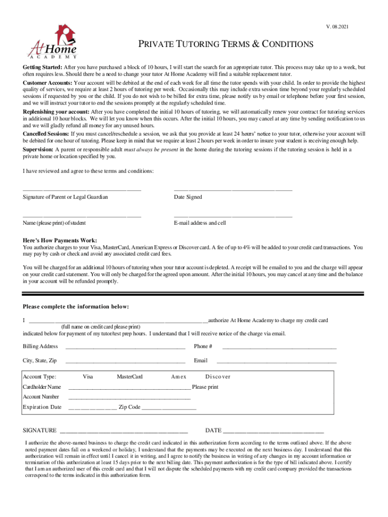 Fillable Online PRIVATE TUTORING TERMS & CONDITIONS At Home Academy Fax ...