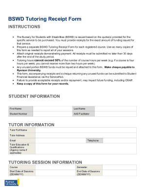 Fillable Online BSWD Tutoring Receipt Form - Toronto Metropolitan ...