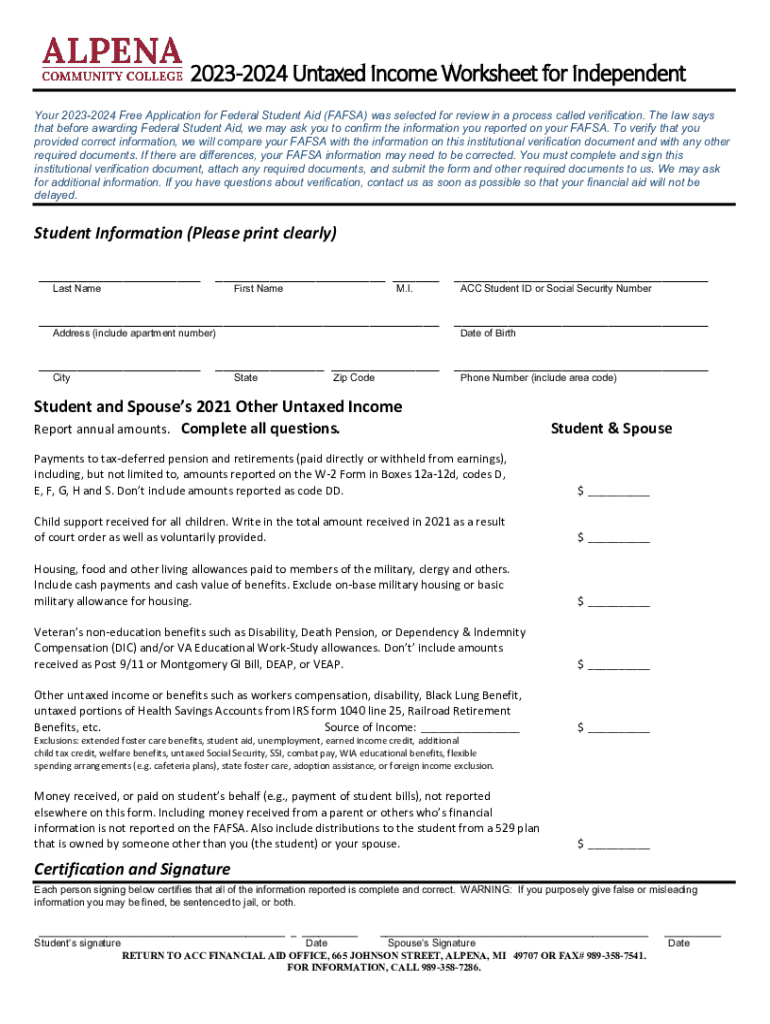 Fillable Online 2023-2024 Untaxed Income Worksheet for Independent Fax ...