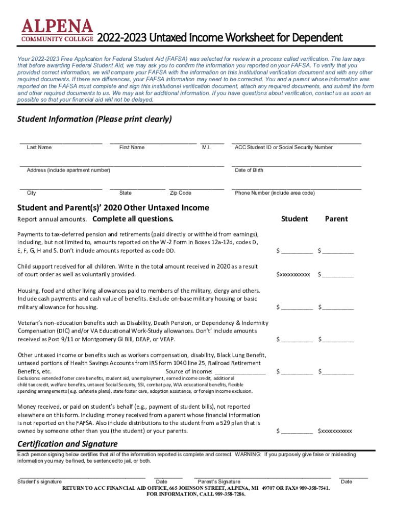 Fillable Online 2022-2023 Untaxed Income Worksheet for Dependent Fax ...