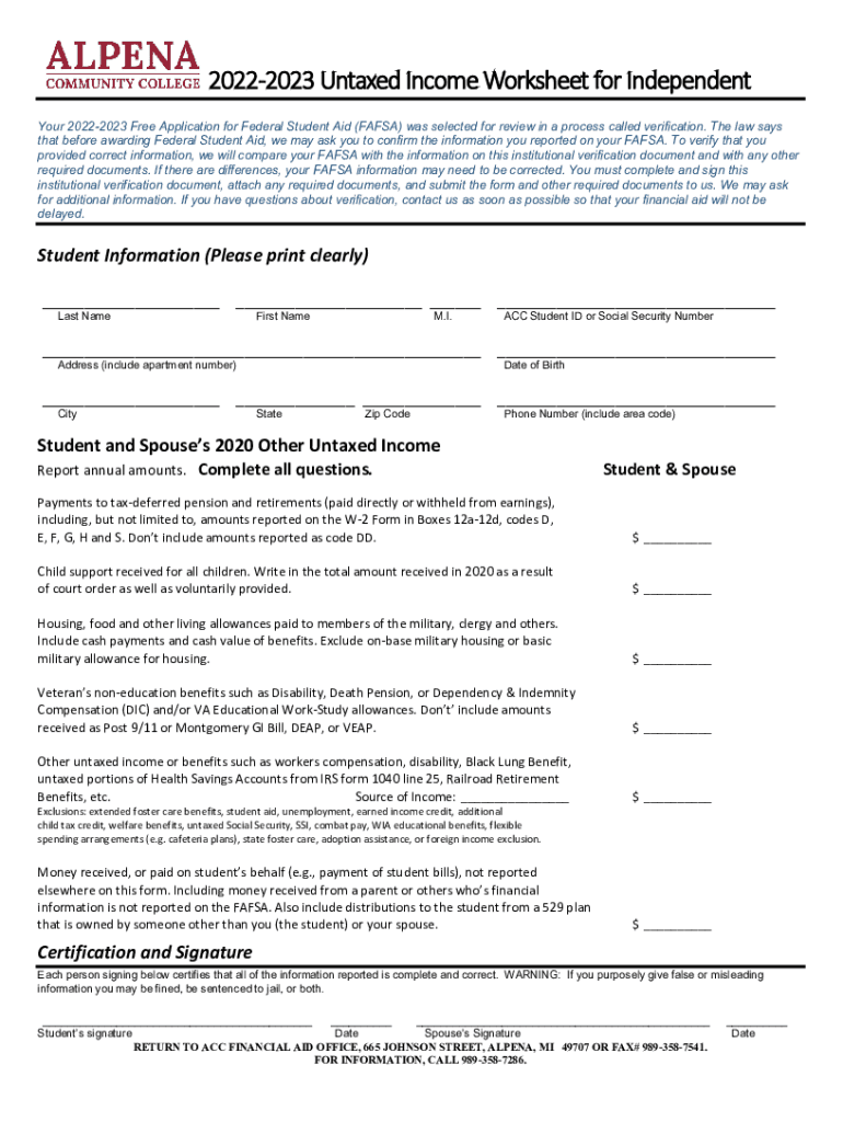 Fillable Online 2022-2023 Untaxed Income Worksheet for Independent Fax ...
