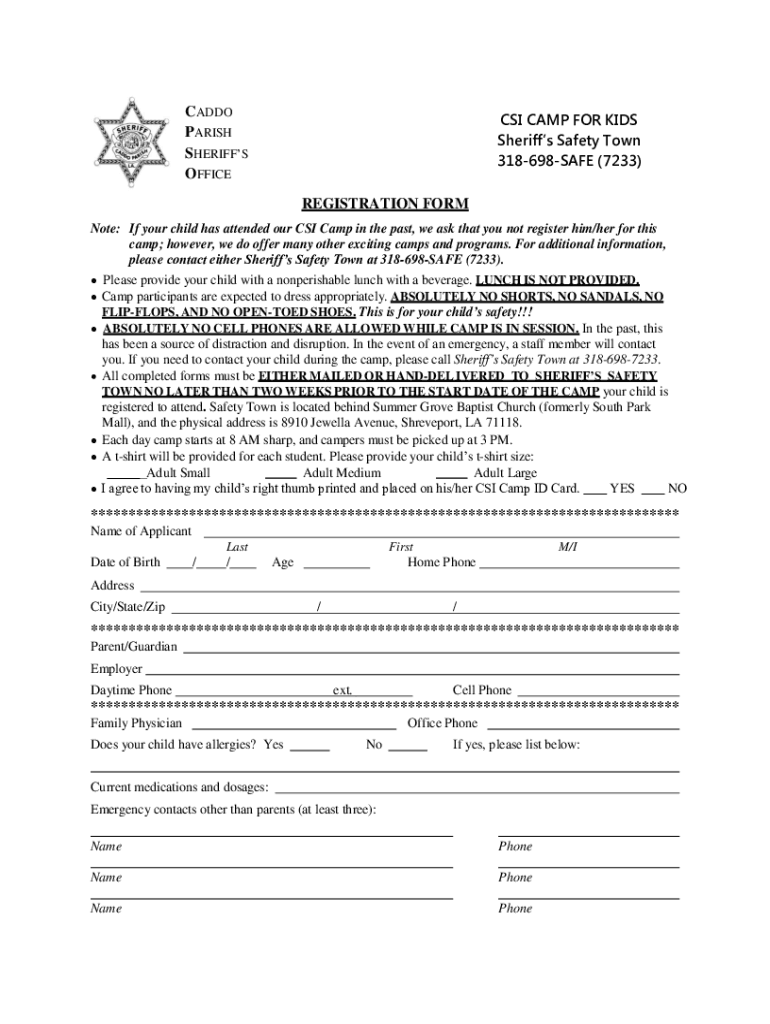 Fillable Online REGISTRATION FORM CSI CAMP FOR KIDS Sheriff's Safety ...