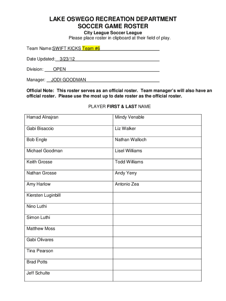 Fillable Online GAME ROSTER/LINUP FORM Fax Email Print - pdfFiller