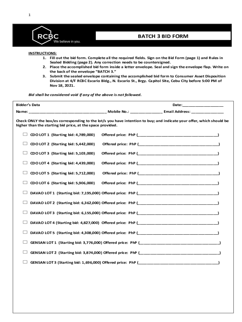 Fillable Online BATCH 3 BID FORM - RCBC Fax Email Print - pdfFiller