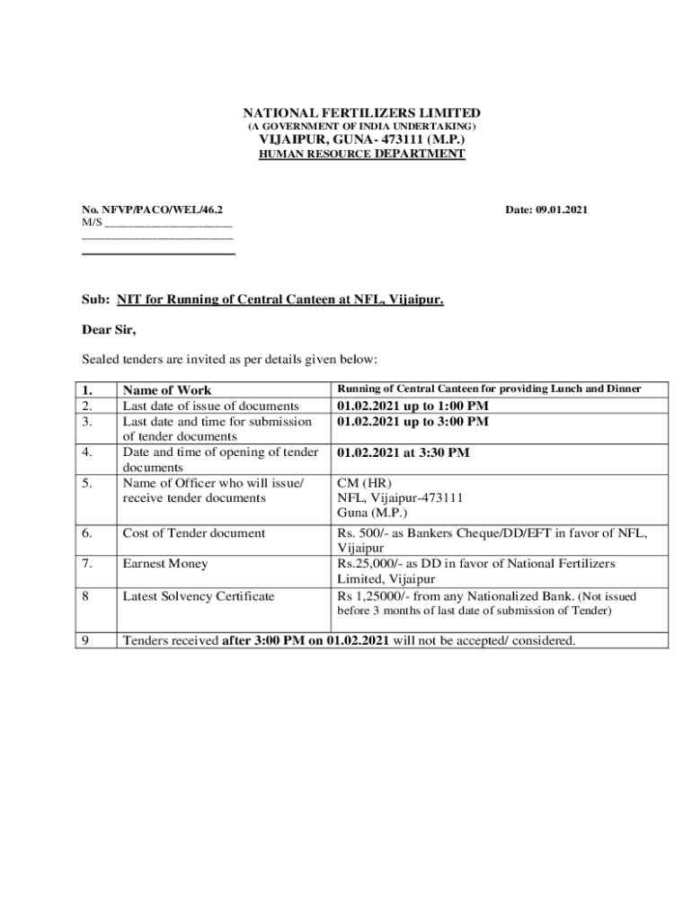 Fillable Online Sub: NIT for Running of Central Canteen at NF Fax Email ...