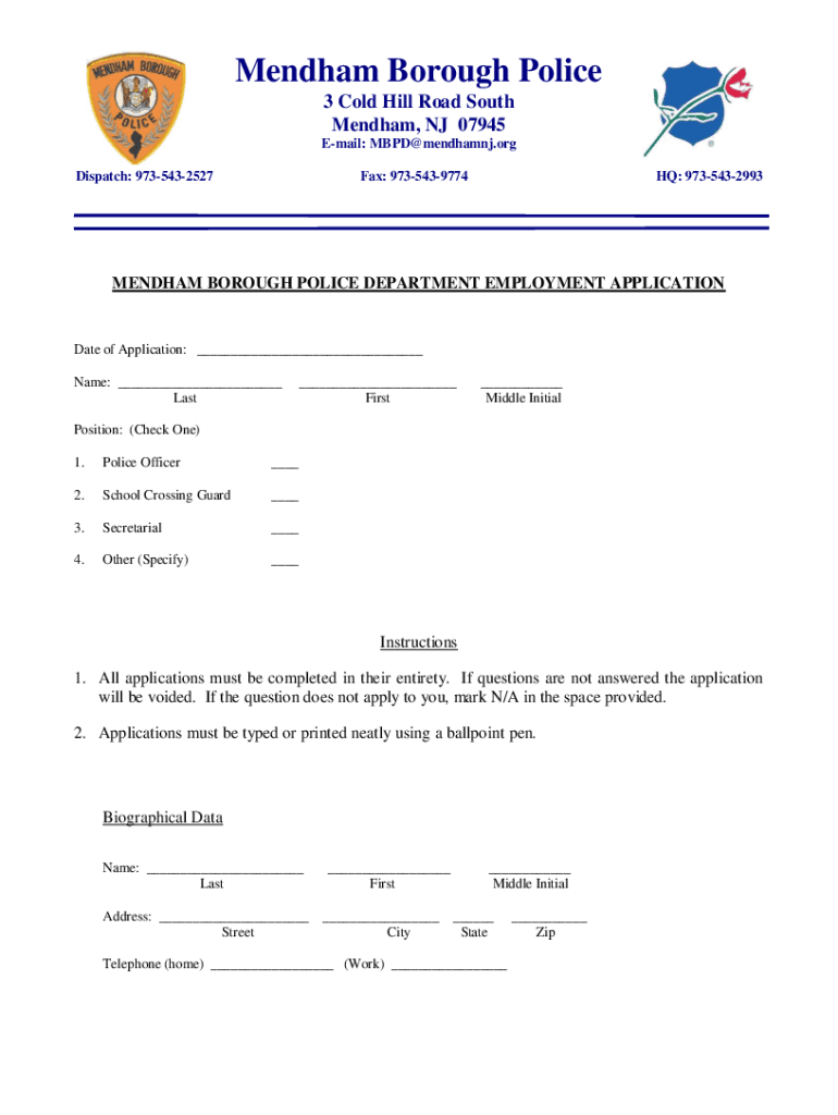 Fillable Online Department: Police - Contacts Directory - Mendham ...