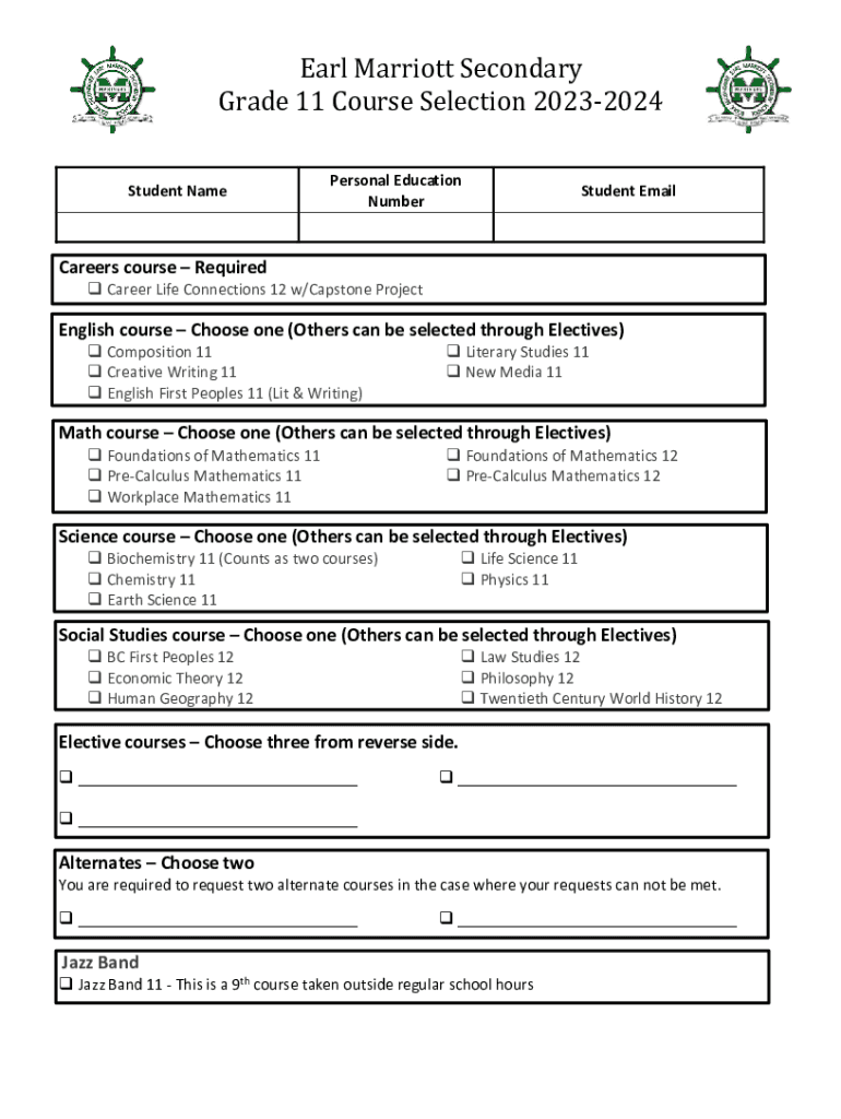 Fillable Online Grade 11 Course Selection Worksheet for 2023-2024-1.pdf Fax Email Print - pdfFiller