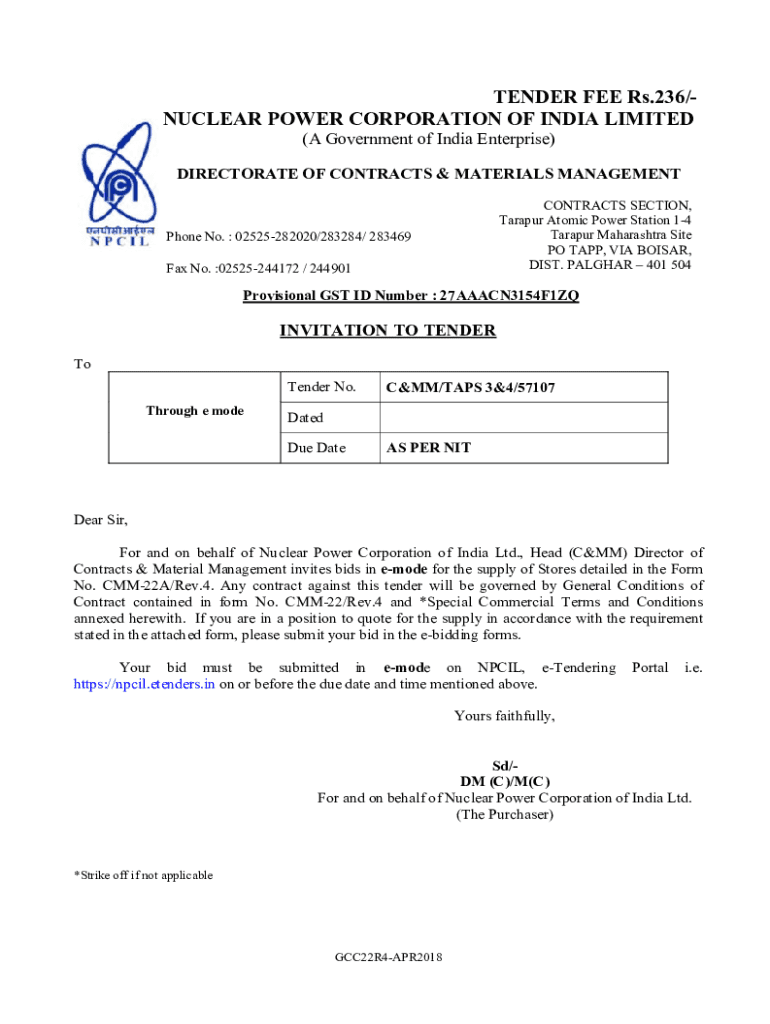 Fillable Online npcil etenders A Government of India Enterprise - NPCIL ...