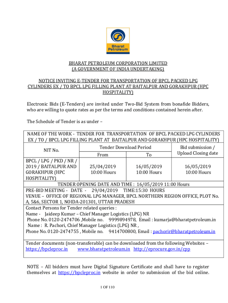Fillable Online notice inviting e-tender for transportation of bpcl packed lpg ... Fax Email ...