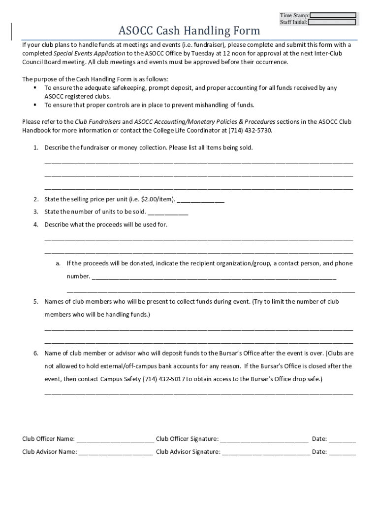 Fillable Online ASOCC Cash Handling Form. Cash Handling Form Fax Email ...