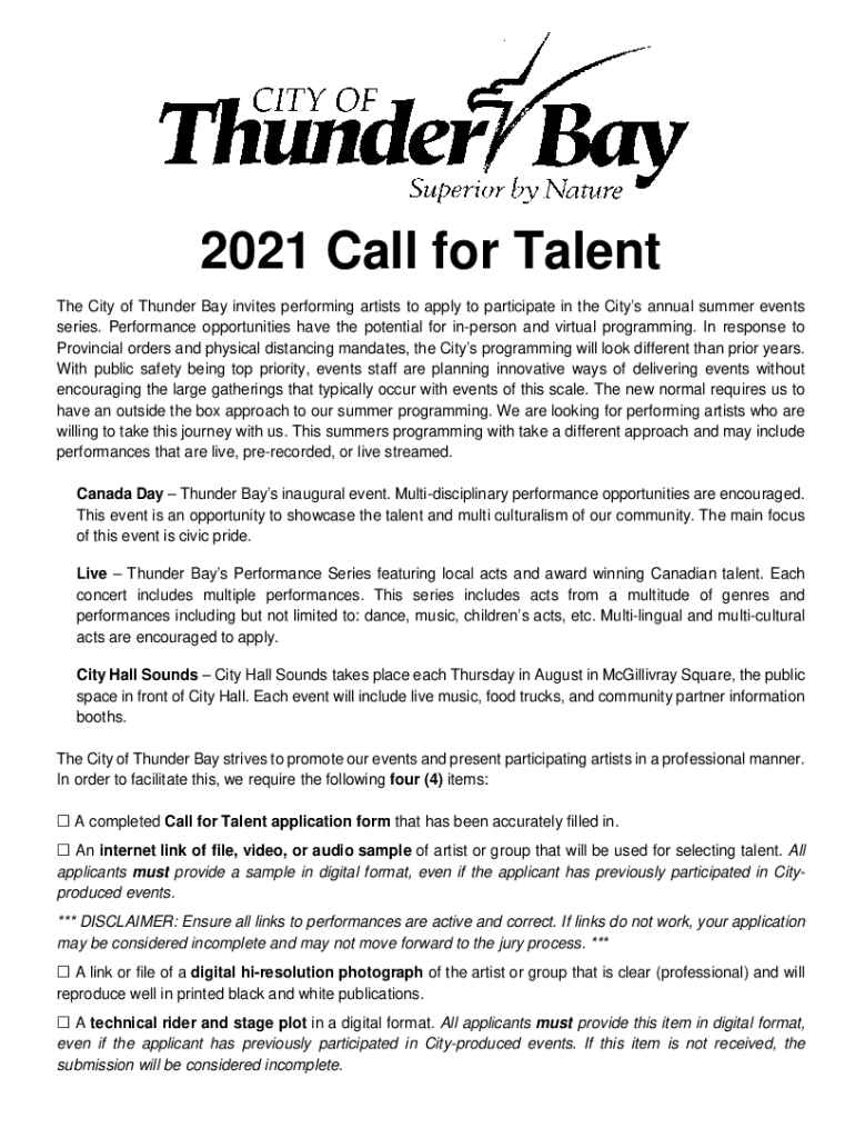 Fillable Online 2021 Call for Talent. Cultural Development & Events Fax ...