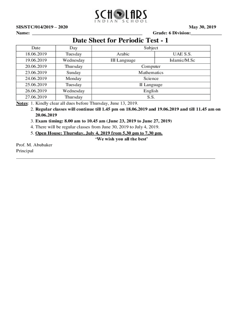 Fillable Online Date Sheet for Periodic Test - 1 Fax Email Print ...