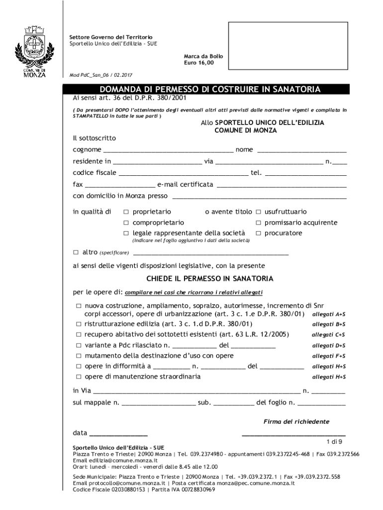 Compilabile Online DOMANDA DI PERMESSO DI COSTRUIRE IN SANATORIA Fax ...