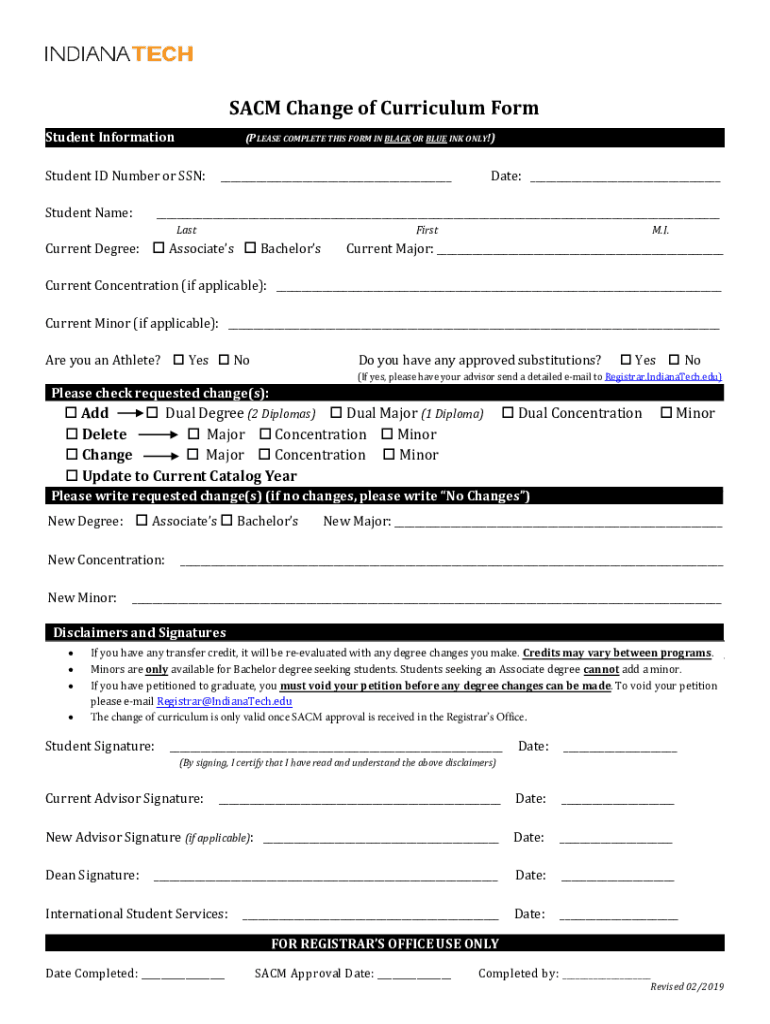 Fillable Online registrar indianatech Admissions and Records Forms ...