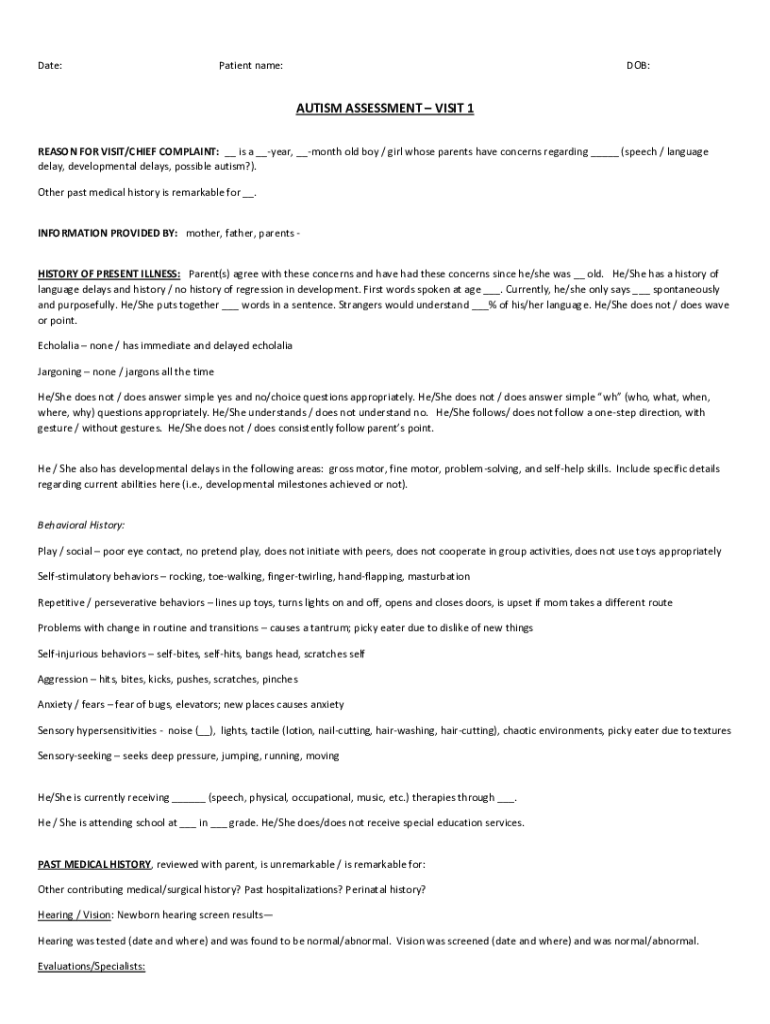Fillable Online AUTISM ASSESSMENTVISIT 1 - Phoenix Children's Hospital Fax Email Print - pdfFiller