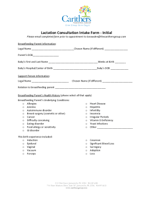 Fillable Online Lactation Consultation Intake Form - Initial Fax Email ...