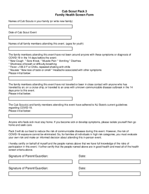 Fillable Online Cub Scout Pack 3 Family Health Screen Form Signature of Parent ... Fax Email ...