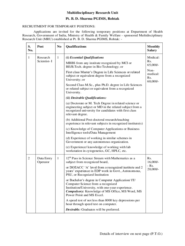 Fillable Online Multidisciplinary Research Unit Pt. B. D. Sharma PGIMS, ... Fax Email Print ...