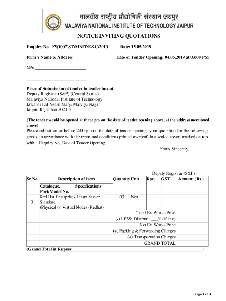 Fillable Online Date of Tender Opening: 04 Fax Email Print - pdfFiller