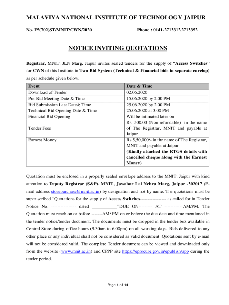 Fillable Online Registrar, MNIT, JLN Marg, Jaipur invites sealed ...