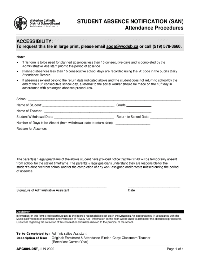 Fillable Online STUDENT ABSENCE NOTIFICATION (SAN) Attendance ... Fax Email Print - pdfFiller