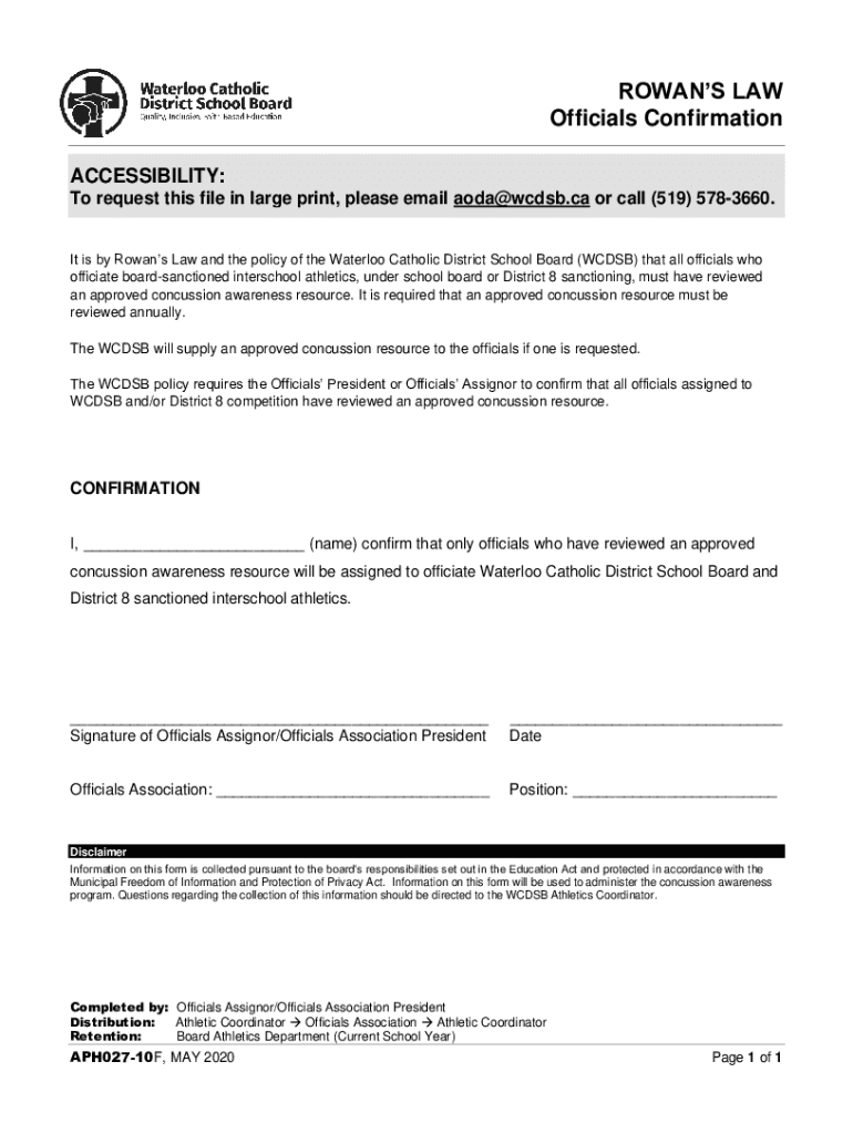 Fillable Online Rowan's Law: Concussion Awareness Resourcesontario.ca ...