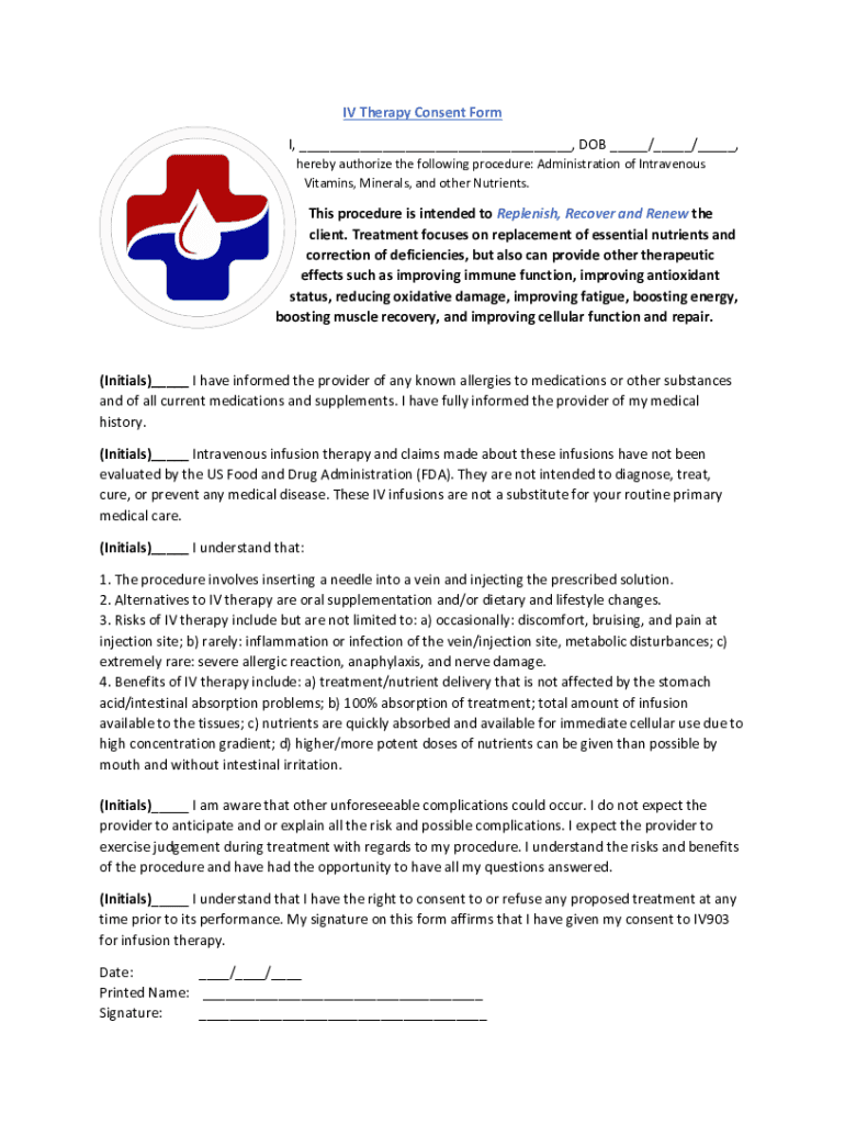 Fillable Online IV Therapy Consent Form I, , DOB //, This ... Fax Email ...