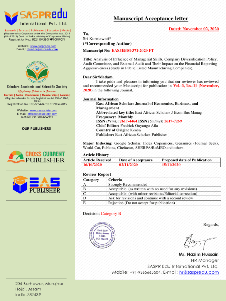 Fillable Online PUBLICATION FEE Manuscript Acceptance letter Fax Email ...