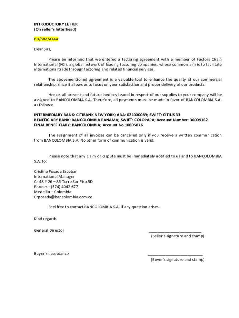 Fillable Online INTRODUCTORY LETTER (On seller's letterhead) Dear Sirs ...