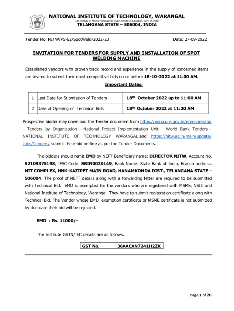Fillable Online INVITATION FOR TENDERS FOR SUPPLY AND INSTALLATION OF ...