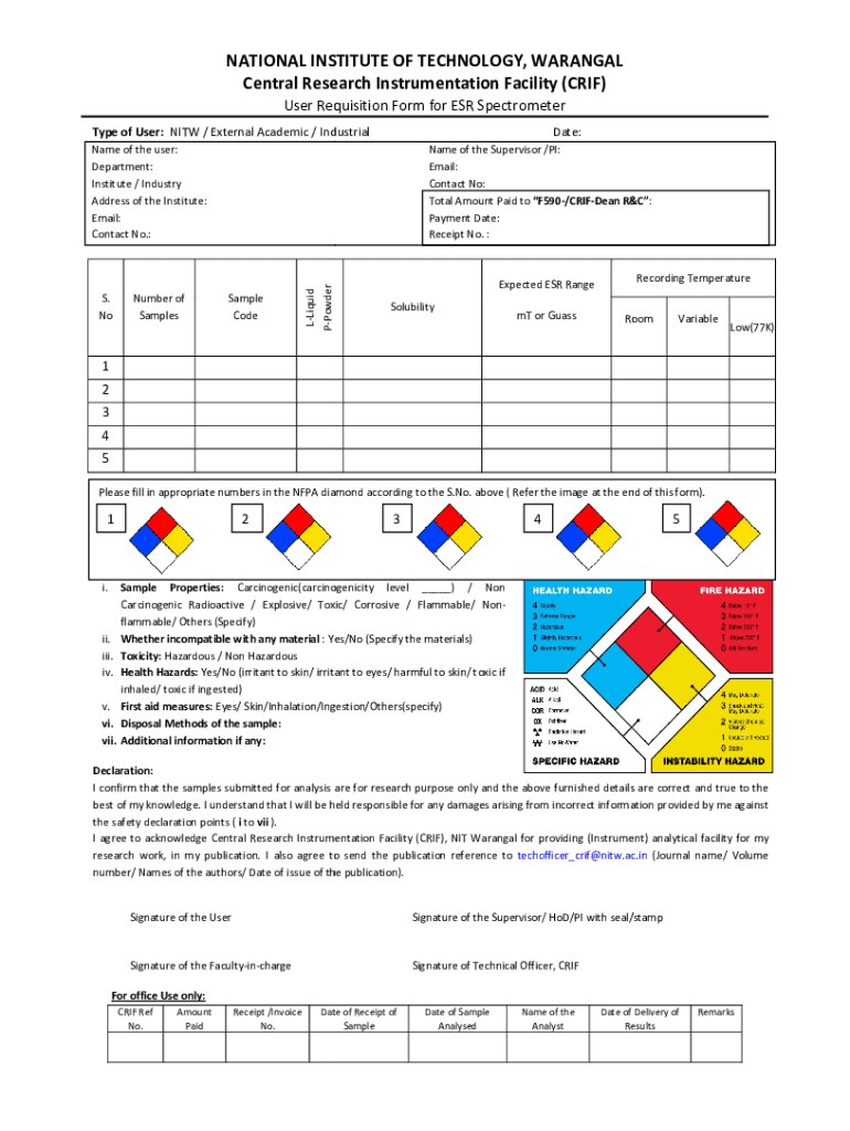 Fillable Online User Requisition Form for NMR Spectrometer - NIT, Warangal Fax Email Print ...
