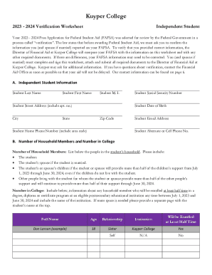 Fillable Online 2023 - 2024 Verification Worksheet Independent Student Fax Email Print - pdfFiller