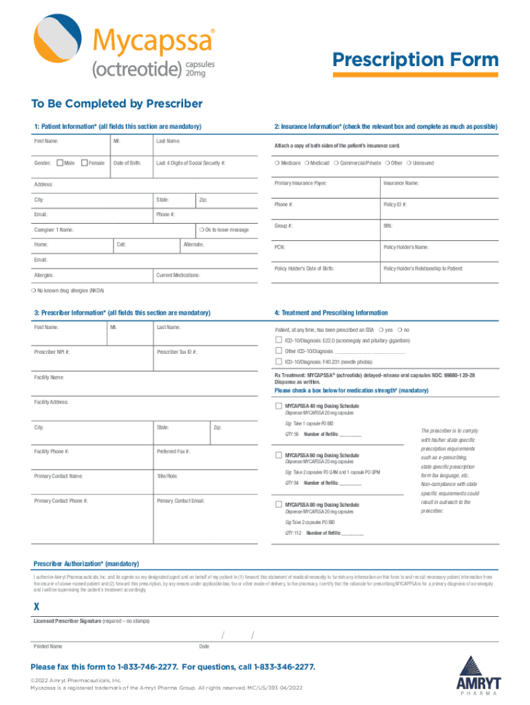 Fillable Online Prescription Form - Mycapssa HCP Fax Email Print - pdfFiller