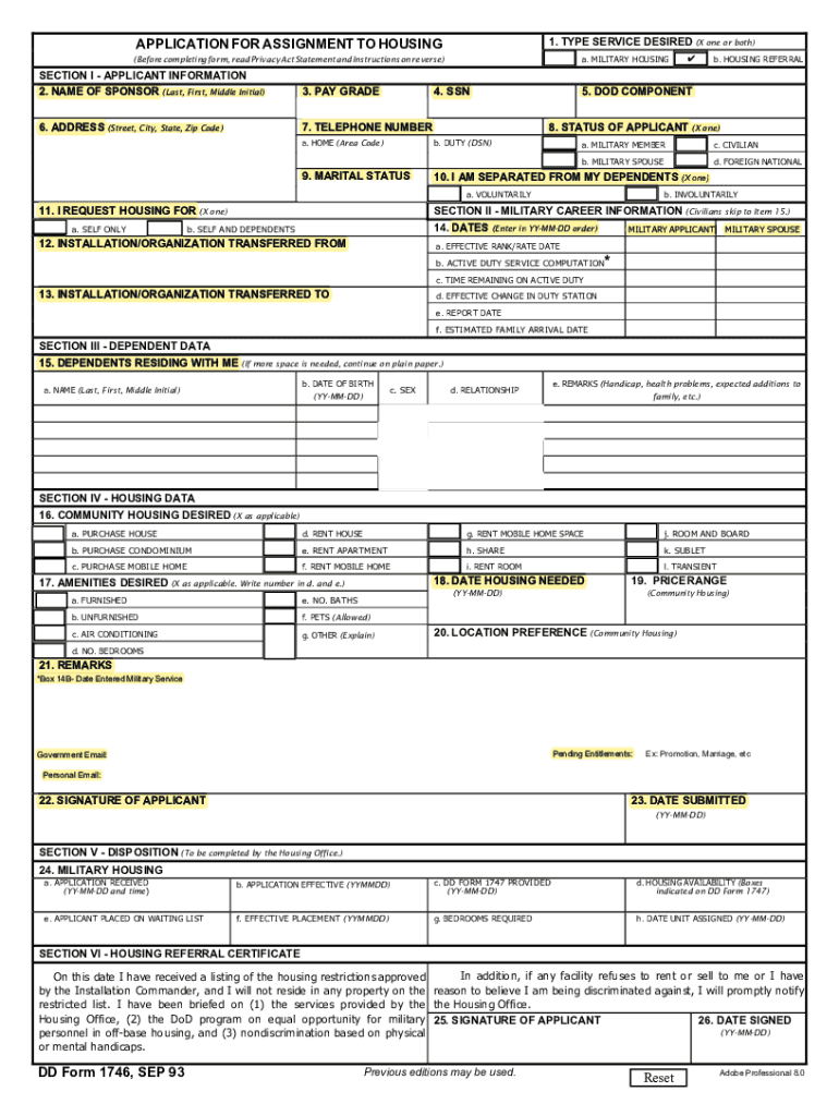 Fillable Online OneSite Military Housing - DD 1746 Form Fax Email Print ...