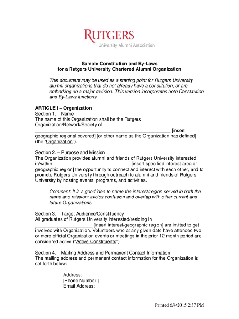 Fillable Online alumni rutgers Sample Constitution and By-Laws Fax ...