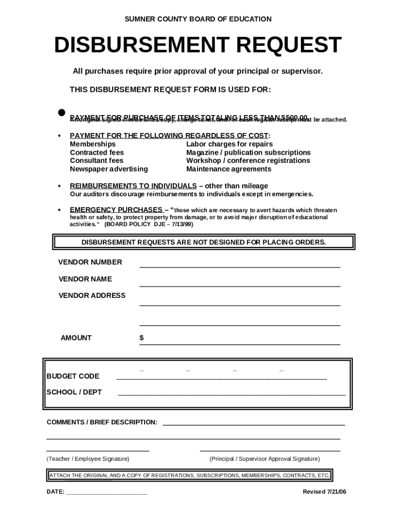 Disbursement Request - Sumner County Schools Doc Template | pdfFiller