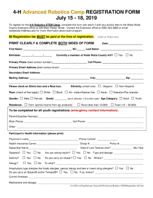 Fillable Online 4-H Advanced Robotics Camp REGISTRATION FORM July 15 ...
