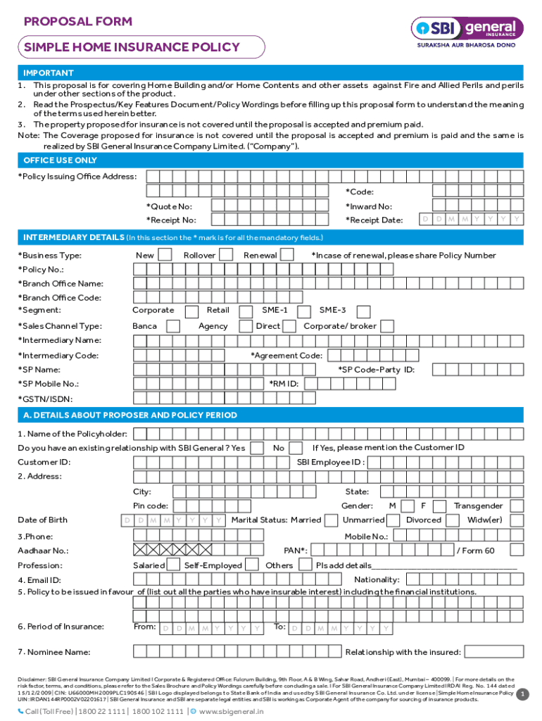 Fillable Online PROPOSAL FORM SIMPLE HOME ... - SBI General Insurance ...