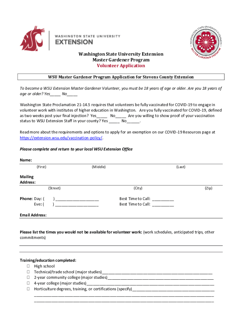 Fillable Online Washington State University Extension Master Gardener ...