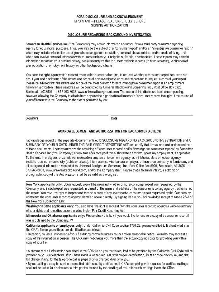 Fillable Online FCRA DISCLOSURE AND ACKNOWLEDGMENT IMPORTANT ... Fax ...