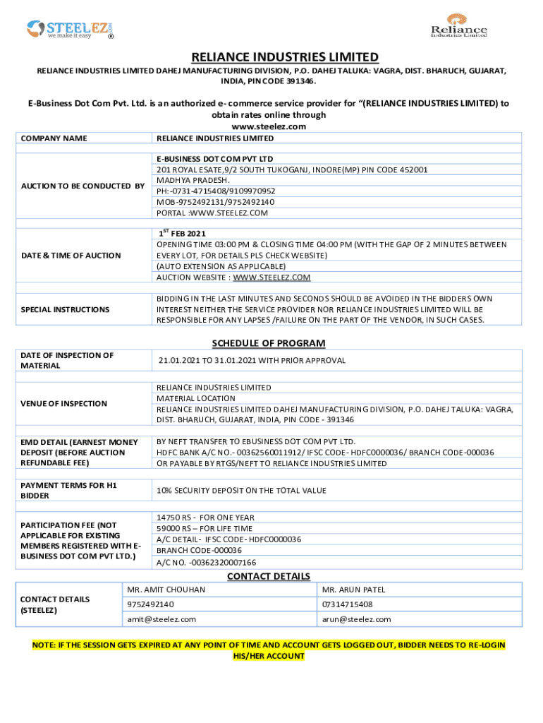 Fillable Online Reliance Industries Limited - Manufacturer from Dahej ...