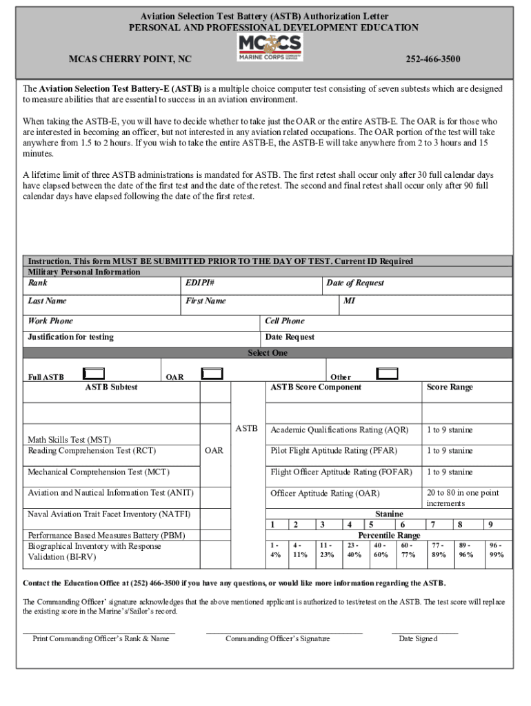 Fillable Online Aviation Selection Test Battery (ASTB) Authorization ...