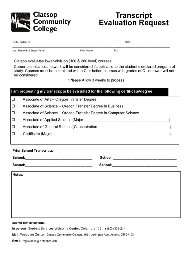 Fillable Online Transcript Evaluation Request Form Student Information ...