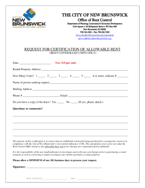 Fillable Online Rent Control - the City of New Brunswick Fax Email ...