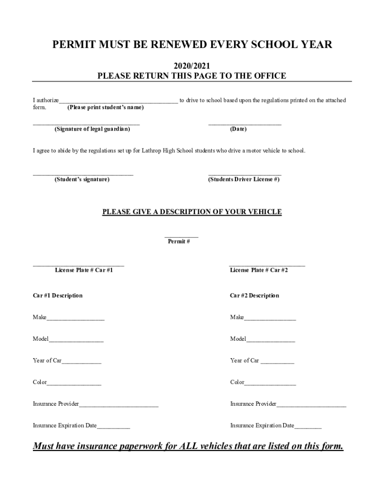 Fillable Online PERMIT MUST BE RENEWED EVERY SCHOOL YEAR Fax Email ...
