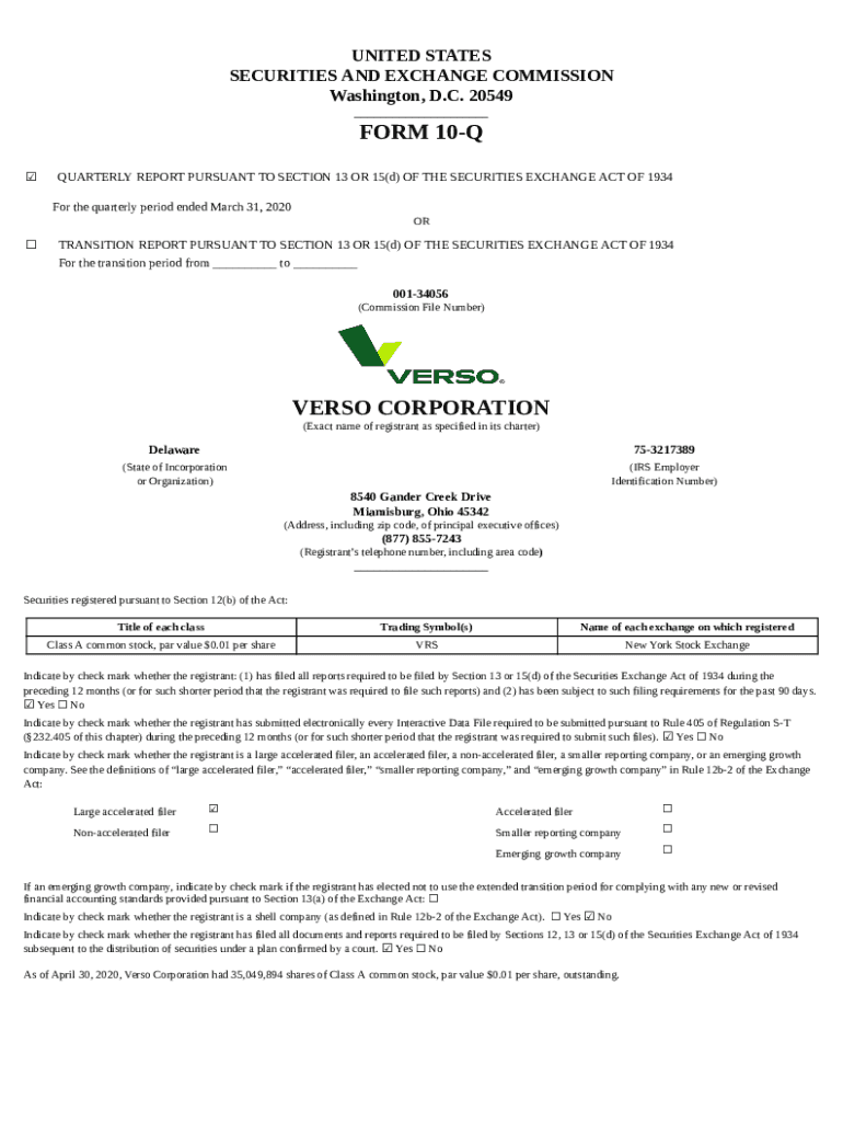 Fillable Online FORM 10-Q VERSO CORPORATION Fax Email Print - pdfFiller